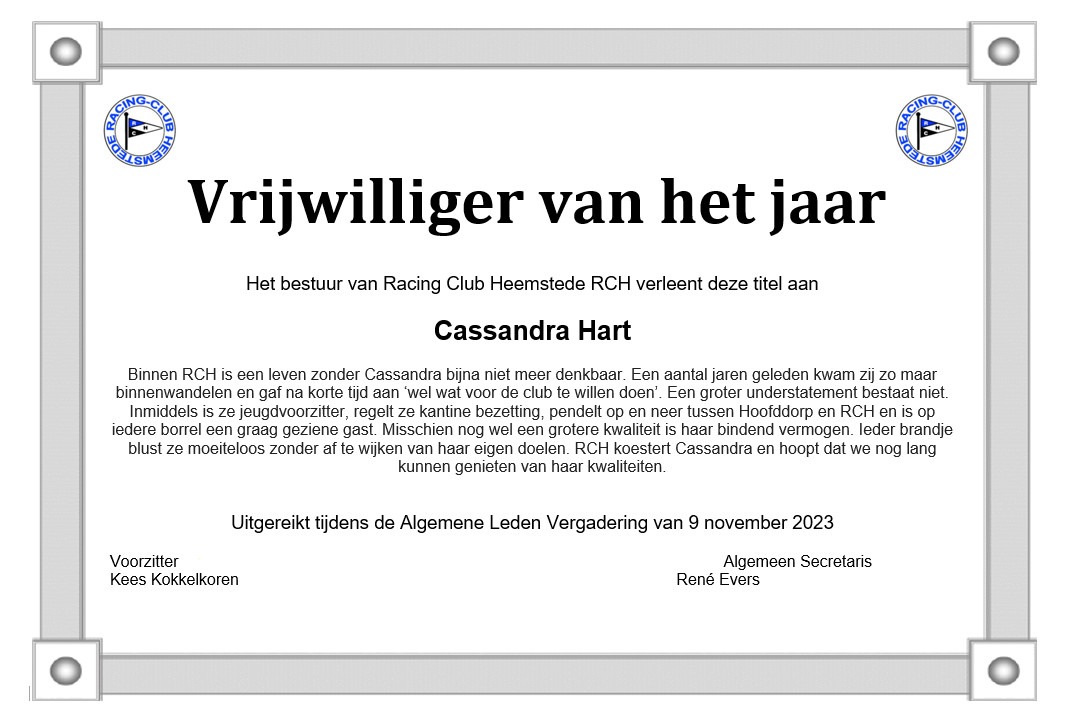 Vrijwilligster van het jaar 2023 - RCH voetbalclub Heemstede